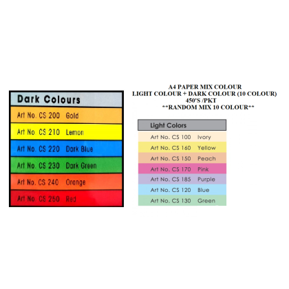 A4 80GM MIX COLOUR PAPER LIGHT COLOUR + DARK COLOUR (10 COLOUR) CS-495