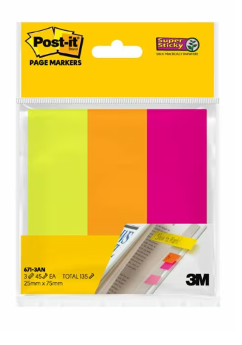 3M POST IT SSN PAGEMARKERS P/B (671-3AN) 135'S - 25MM X 75MM